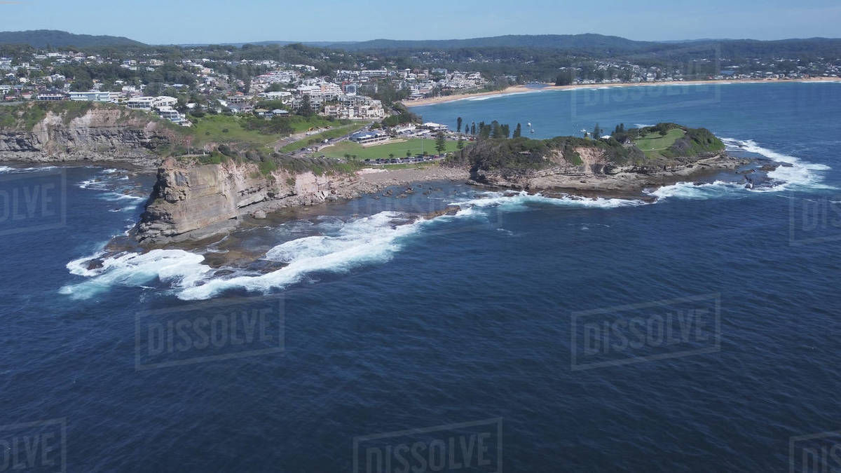 an aerial approaching shot of the skillion at terrigal on the nsw central coast of australia ...