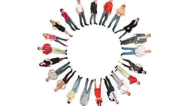 Circle of many people standing in studio. Zoom in - Stock Video Footage ...