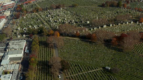 High angle view of rows of tombstones on Calvary Cemetery. Large and ...