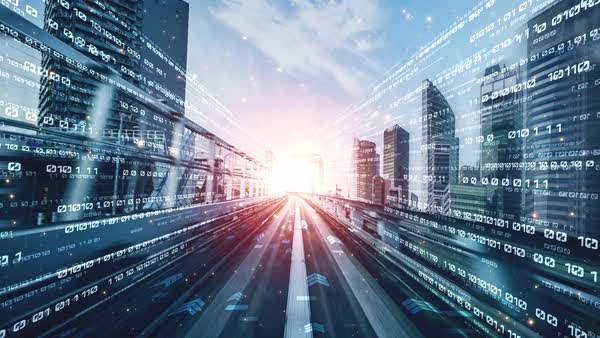 Loopable video of digital data flow on road in concept of program ...