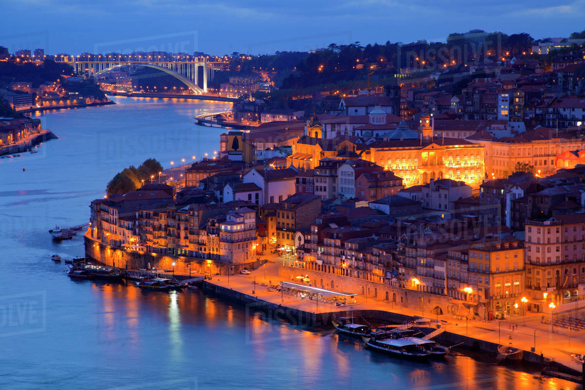 Portugal, Porto. View of city and harbor at night. - Royalty-free Stock ...