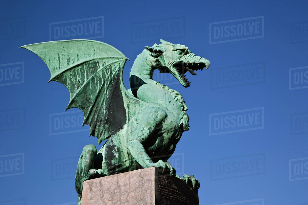 Dragon statue of sheet copper on the Dragon Bridge, Ljubljana, Slovenia ...