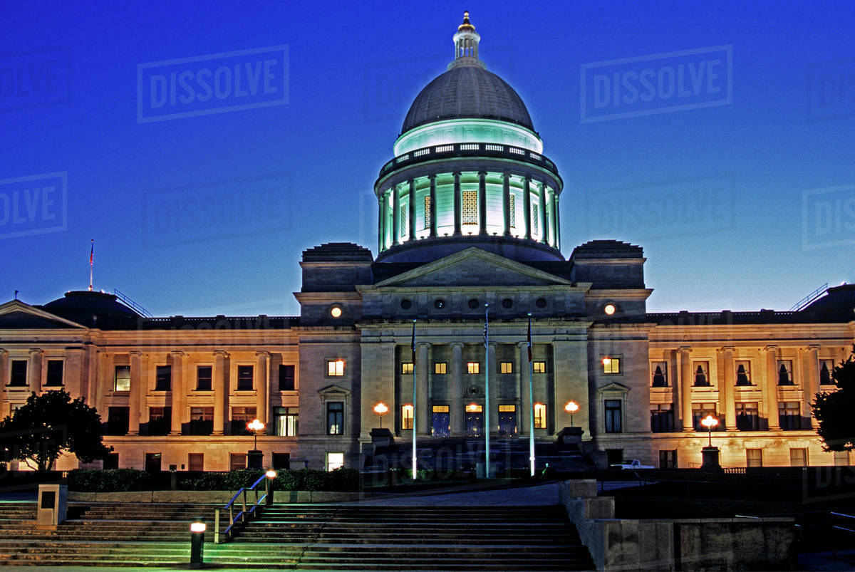 USA, Arkansas, Little Rock. The state Capitol Building lit at twilight ...