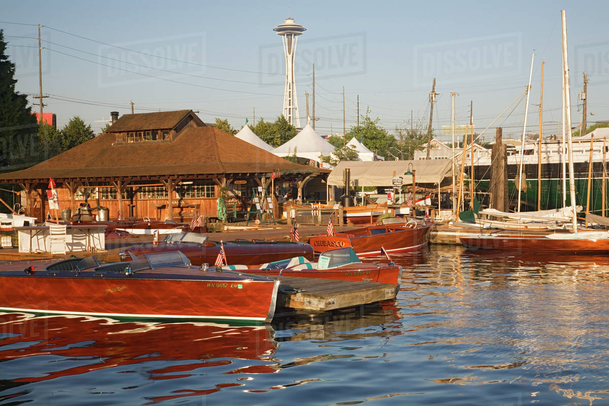 WA, Seattle, Boats at the Wooden Boat Center on Lake Union with Space ...