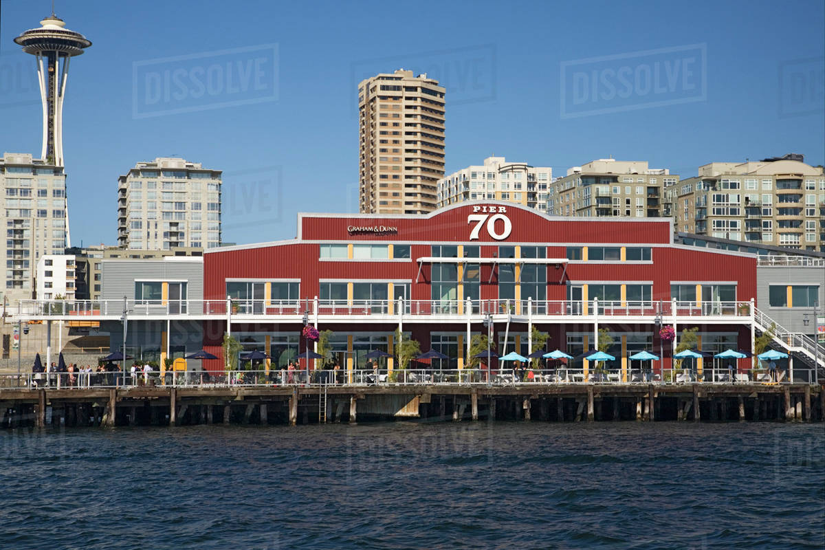 WA, Seattle, Pier 70 and Space Needle from Elliott Bay - Royalty-free ...