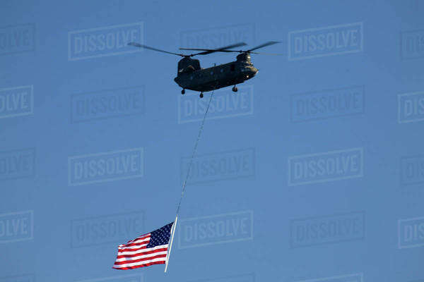 WA, Seattle, Boeing Chinook Helicopter with American Flag, at SEAFAIR ...