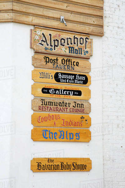 WA, Leavenworth, Bavarian style village, shop signs - Stock Photo ...