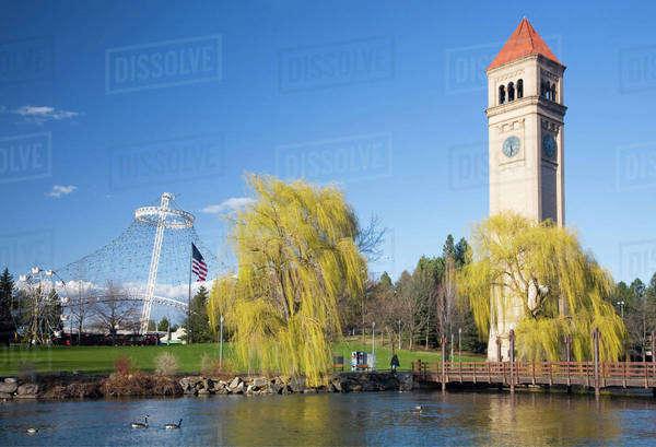 WA, Spokane, Riverfront Park, view across the Spokane River, the Clock ...