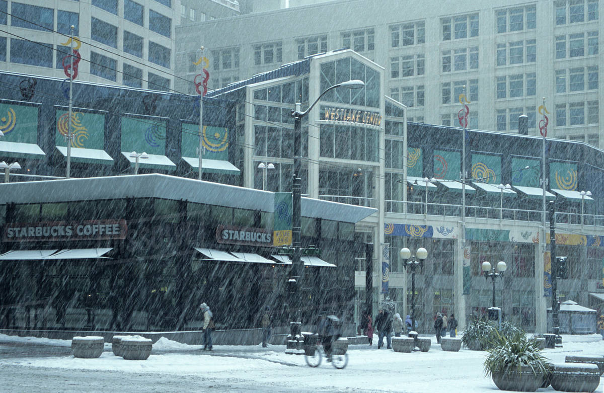 WA, Seattle, Westlake Center during winter snow storm - Royalty-free ...
