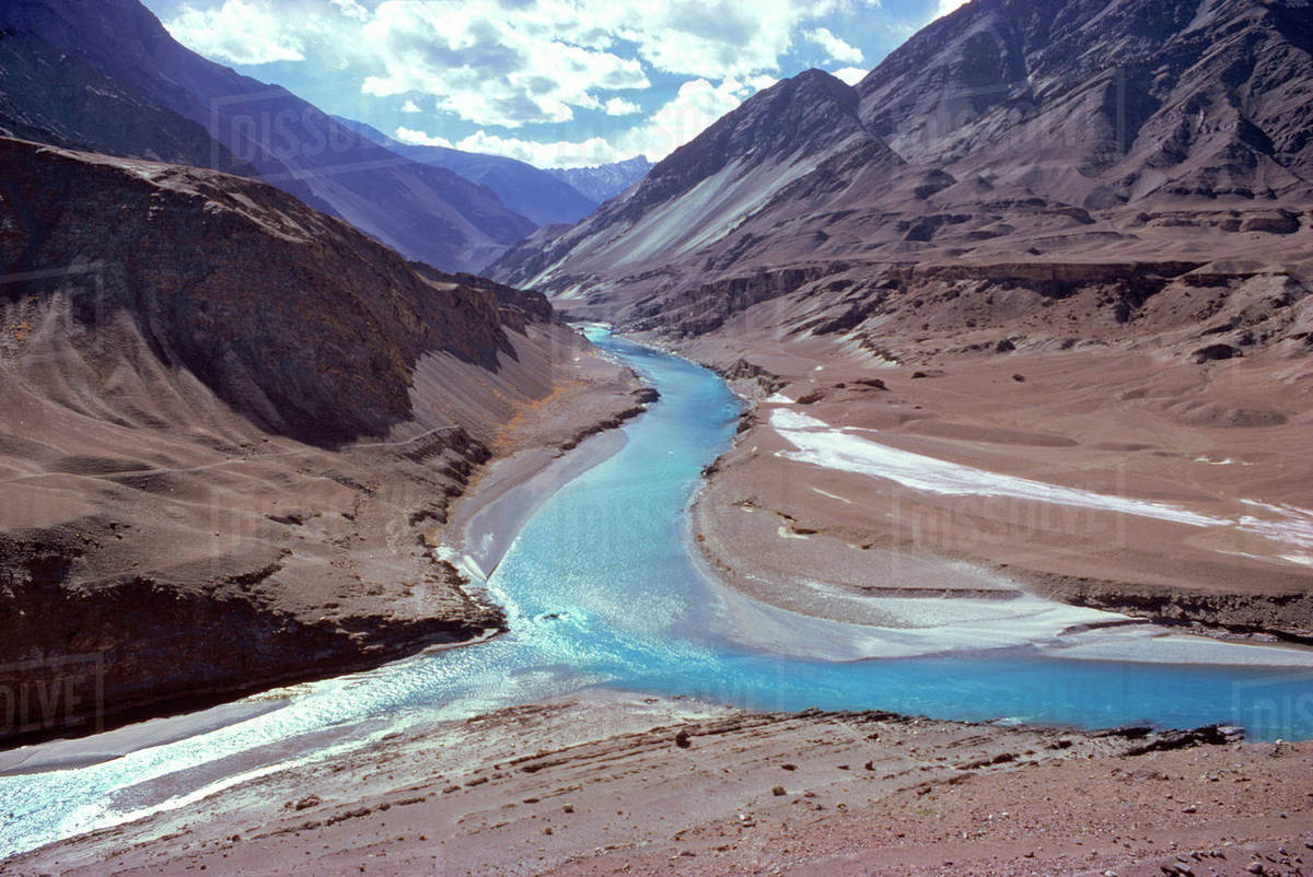 Asia, India, Ladakh, Indus River. The blue waters of the Indus and ...