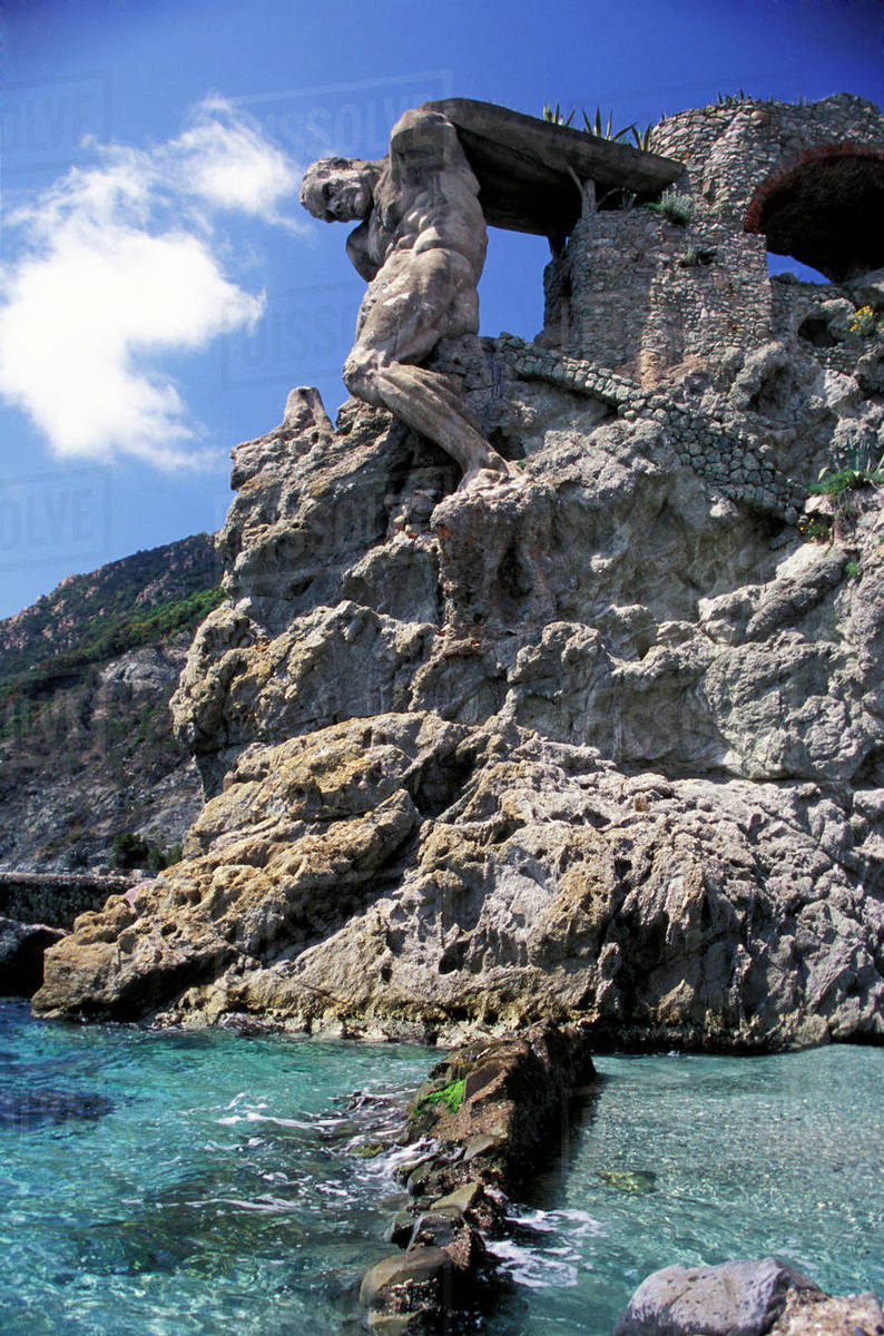 Europe, Italy, Cinque Terre, Vernazza, Monterosso. Two gigantic statue ...