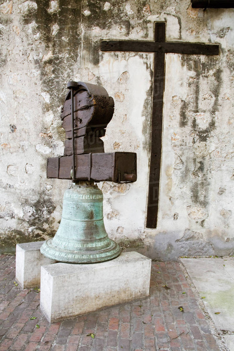 North America, Mexico, Yucatan, Merida. An old church bell on display ...