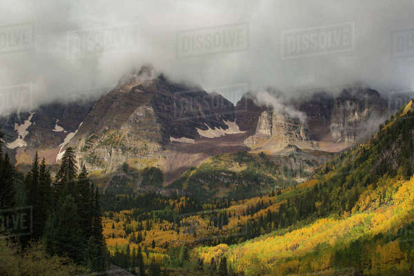 USA, Colorado, Maroon Bells State Park. Autumn storm clouds on Maroon ...