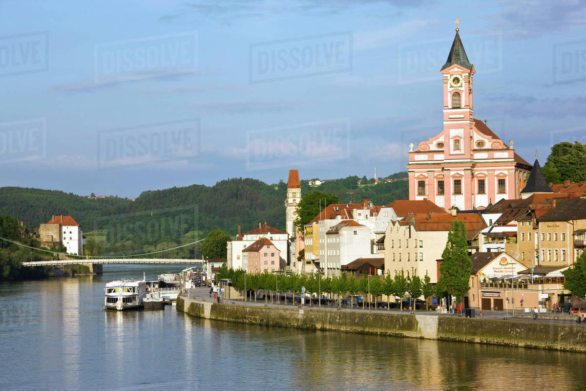 Germany, Bayern-Bavaria, Passau. Danube River View with St. Paul church ...