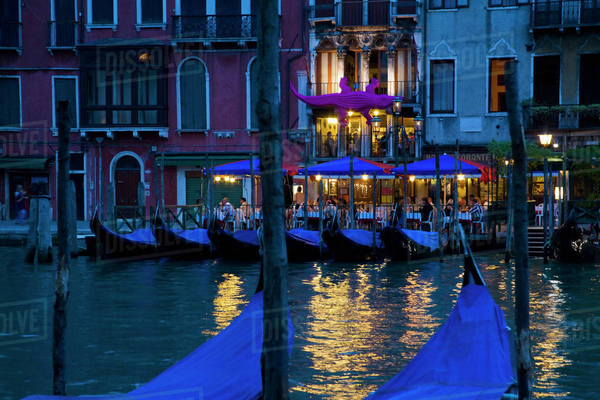 Italy, Venice, Night View Along the Grand Canal with Gondolas and Night ...