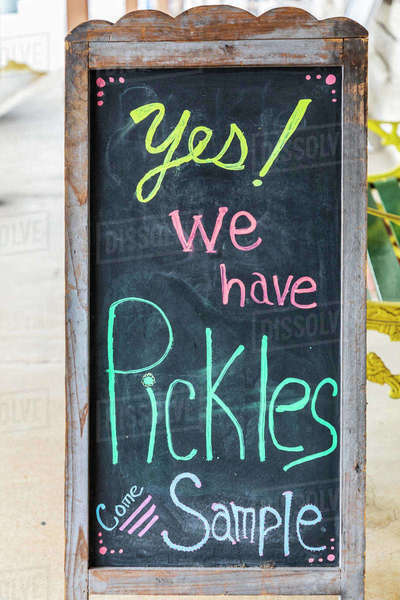 Bandera, Texas, USA. Chalkboard sign for pickles in the Texas Hill ...