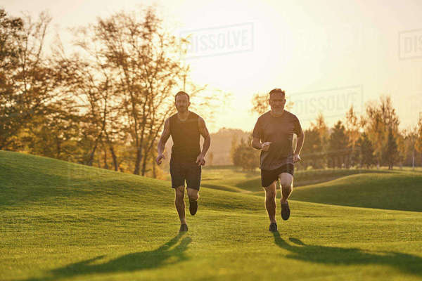 The father and son running in the beautiful park - Stock Photo - Dissolve