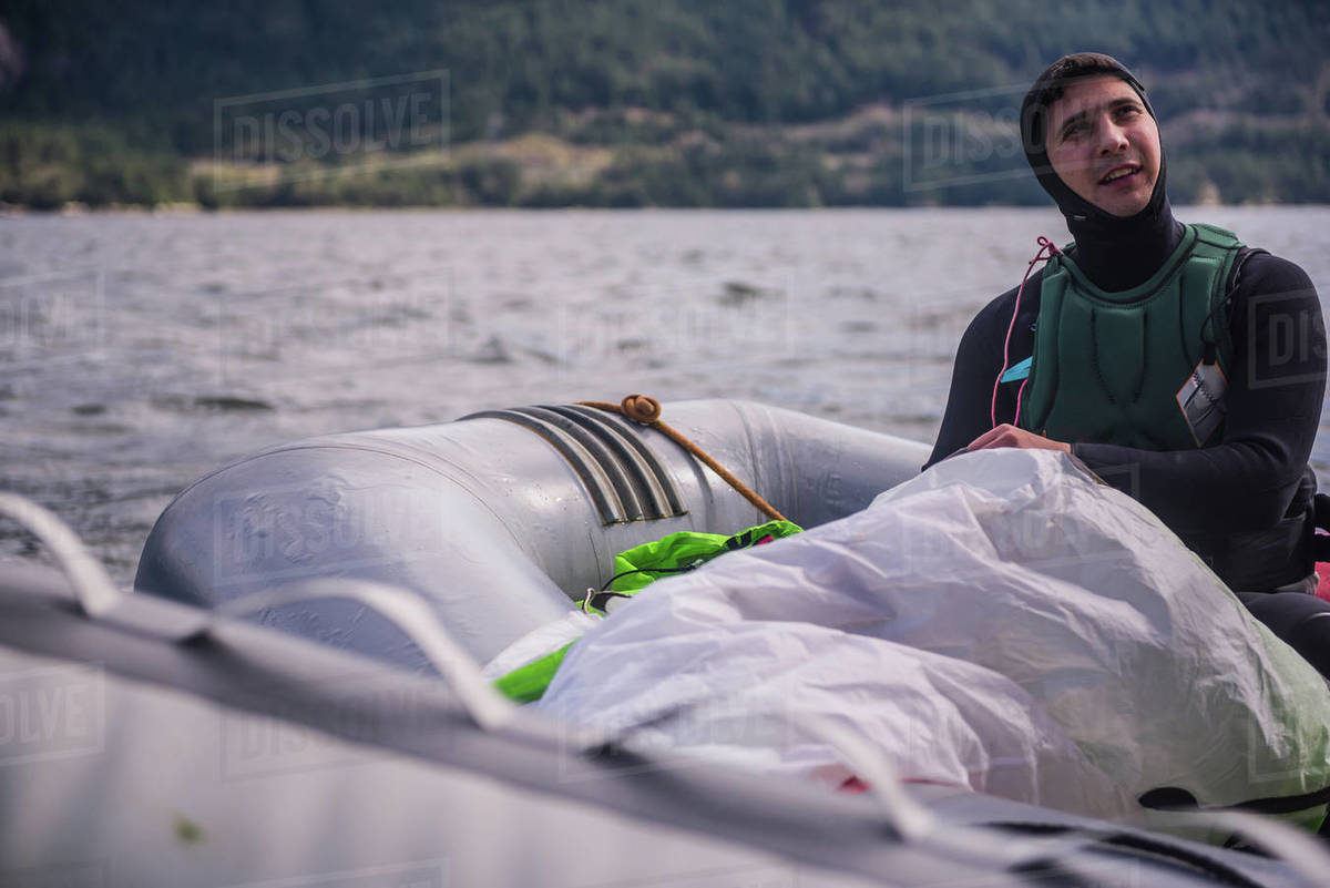 Man travelling on inflatable boat, Squamish, Canada - Stock Photo ...