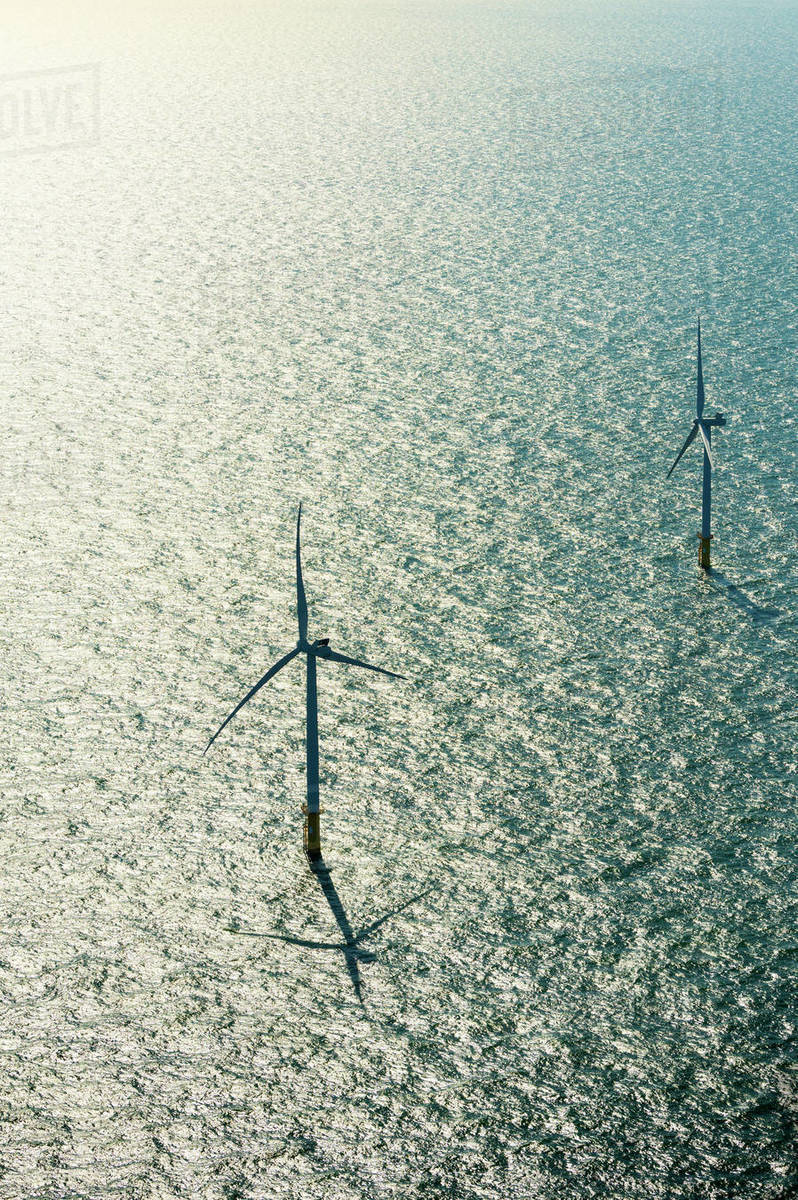 Two wind turbines in offshore wind farm in the Borselle windfield ...