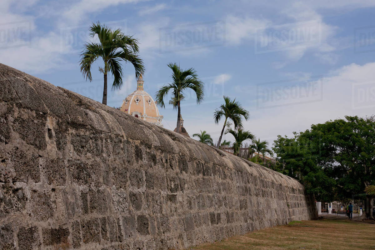 View of stone wall surrounding Cartagena, Colombia, South America ...