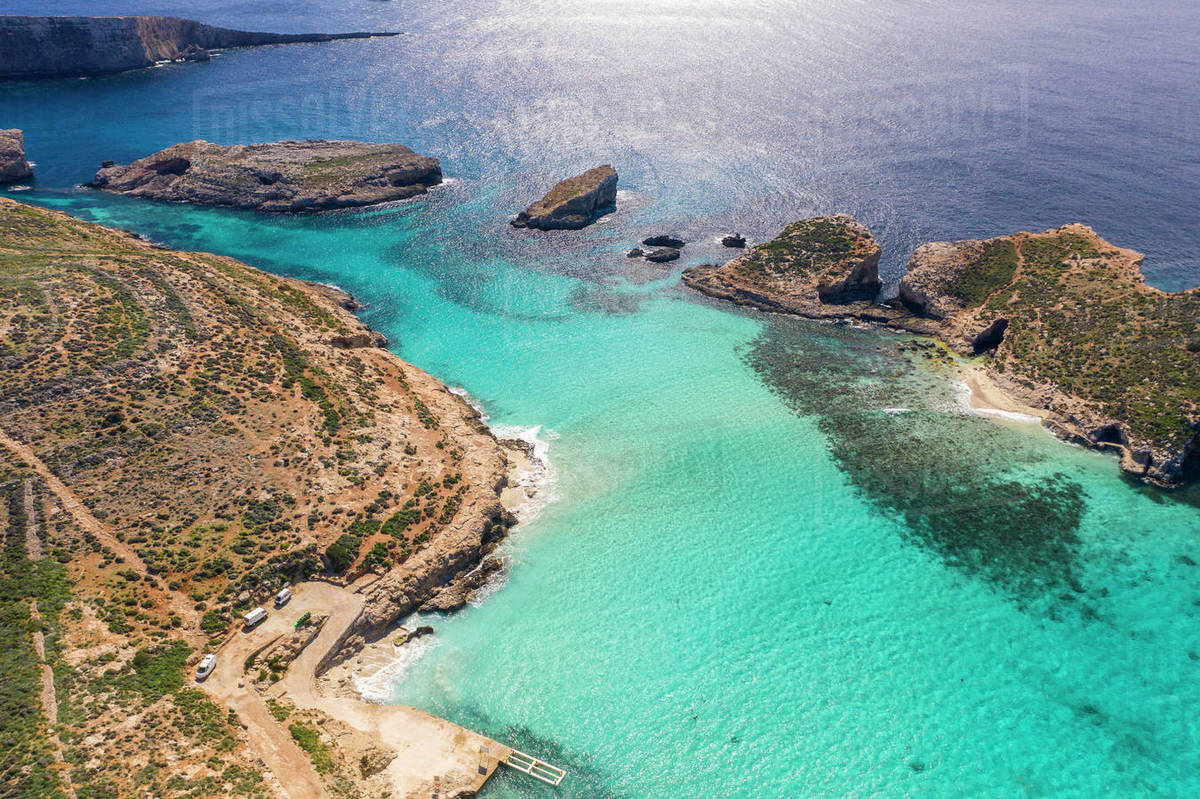 Malta, Gozo, Aerial view of lagoon in Comino Island - Royalty-free ...