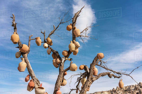 Turkey, Cappadocia, Goreme, Wish tree against sky - Stock Photo - Dissolve