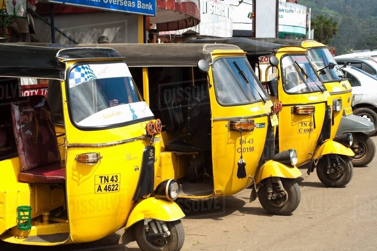 Yellow auto rickshaws lined up in Ooty, Nilgiri Hills, Tamil Nadu ...