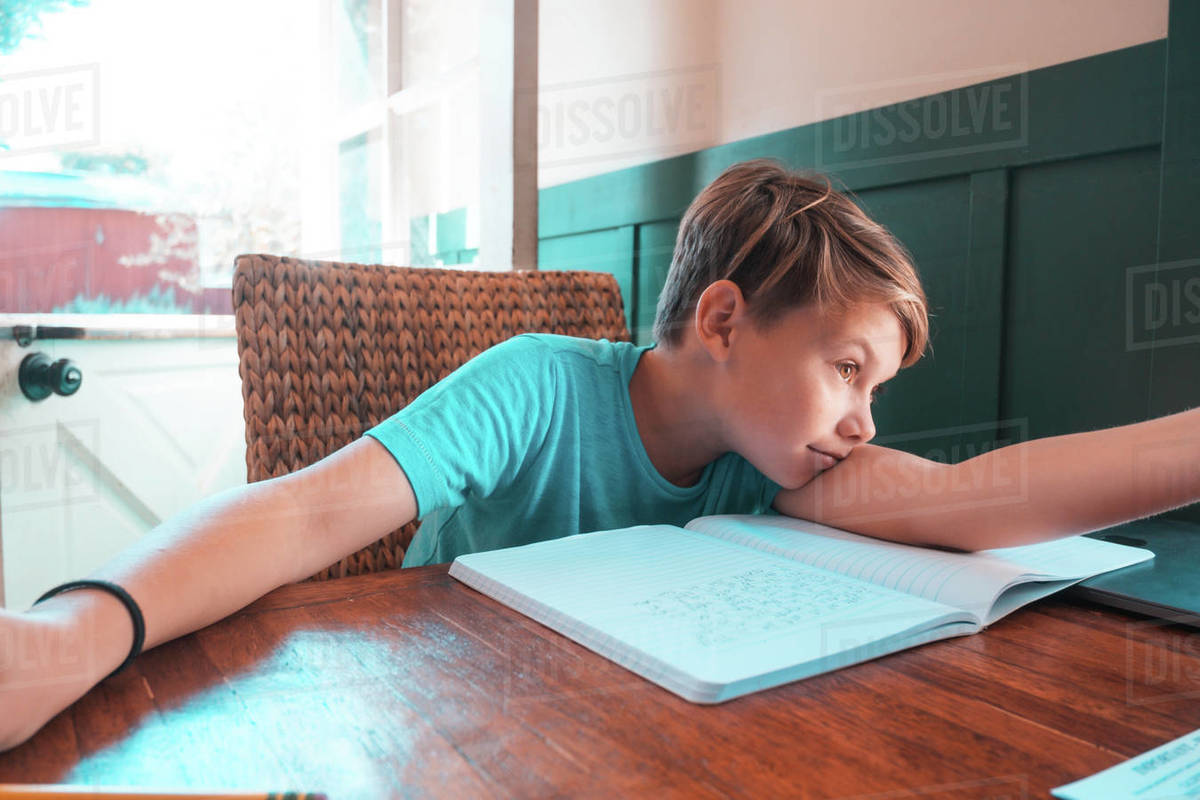 Boy leaning on table with notebook - Stock Photo - Dissolve