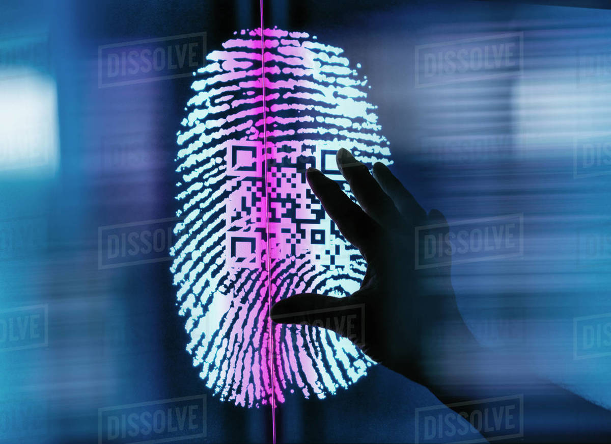 Finger print with QR code being scanned - Stock Photo - Dissolve