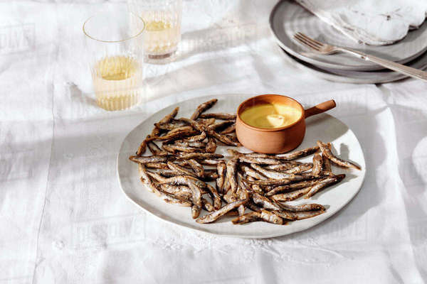 Fried whitebait fish with saffron aioli dip - Royalty-free Stock Photo ...