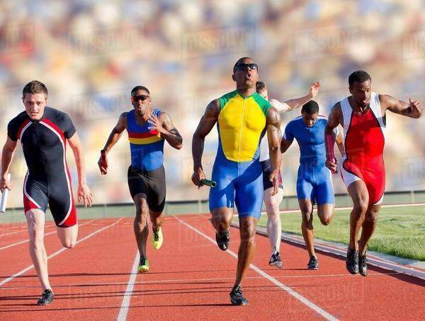 Six athletes running race - Stock Photo - Dissolve