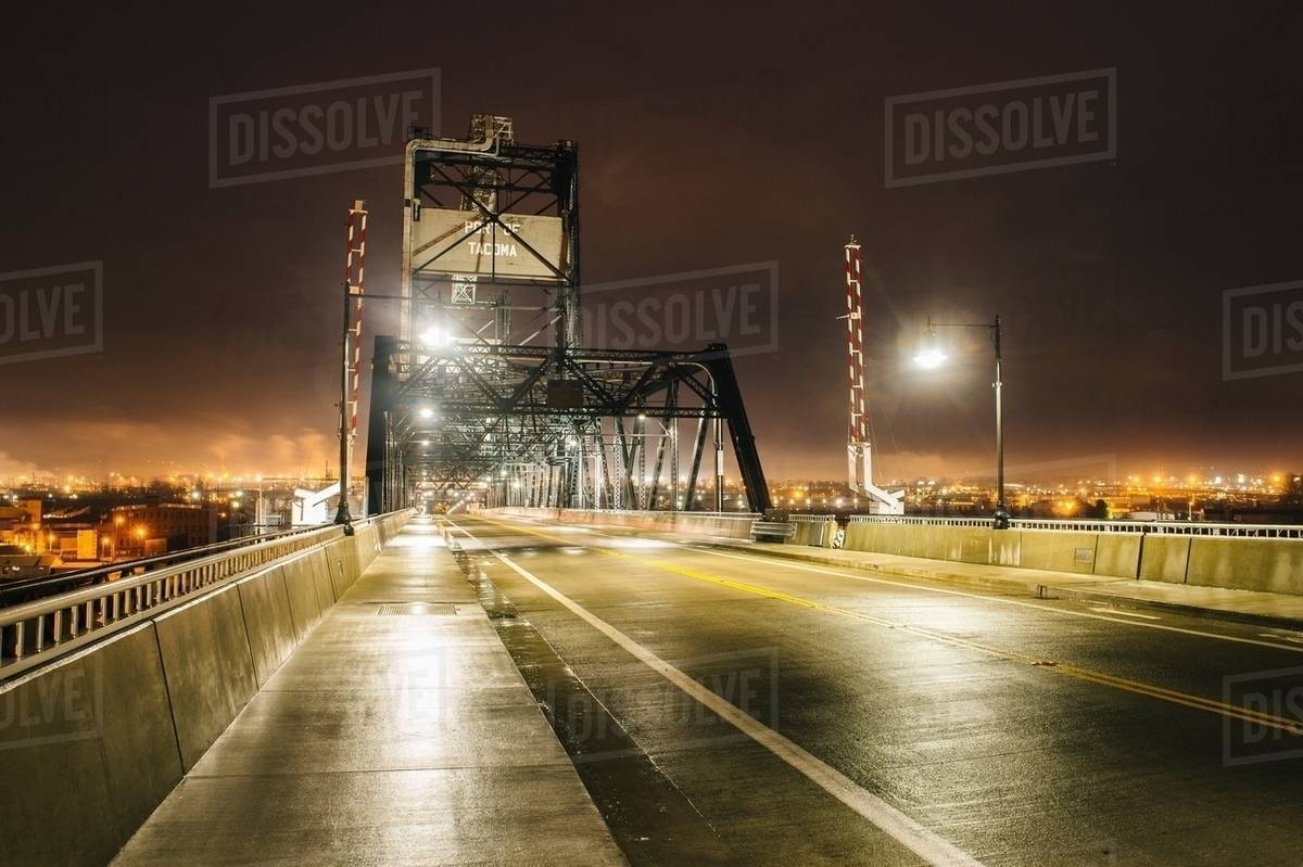 Industrial bridge over Puget Sound at night, Tacoma, Washington State ...