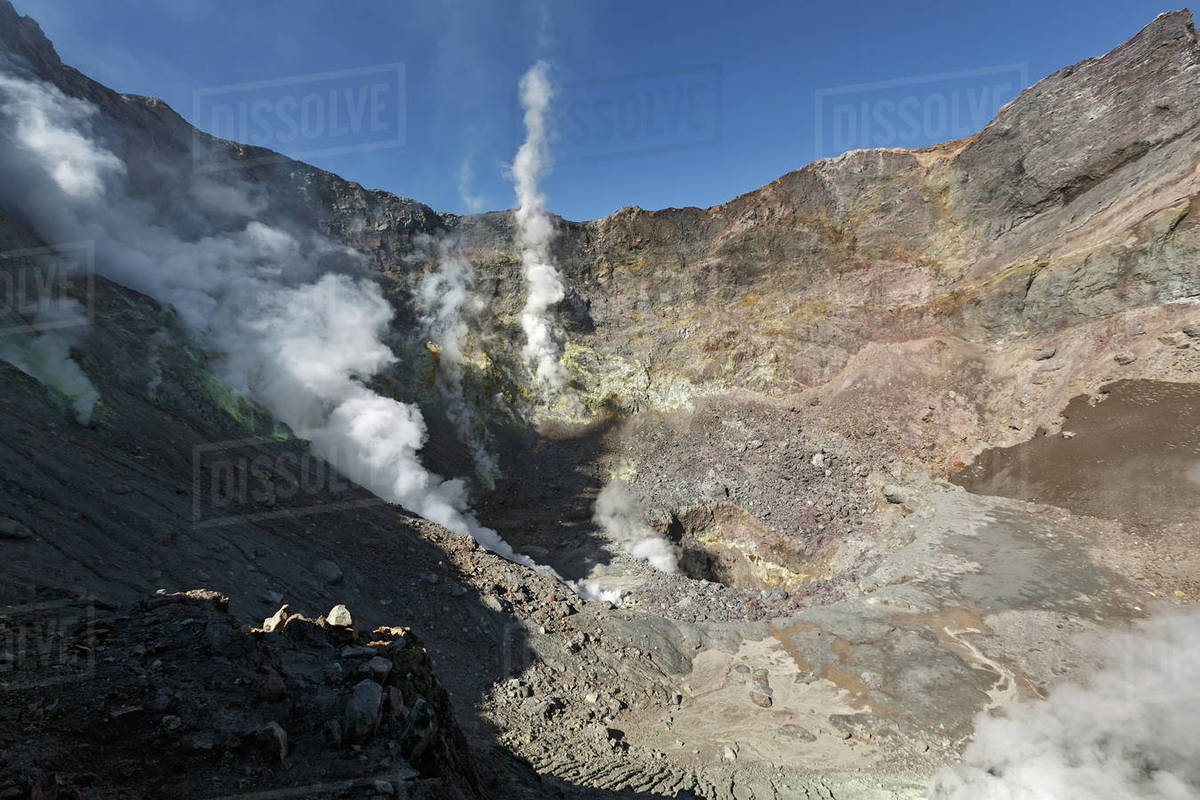 Beauty volcanic landscape of Kamchatka: brimstone and fumarole field in ...