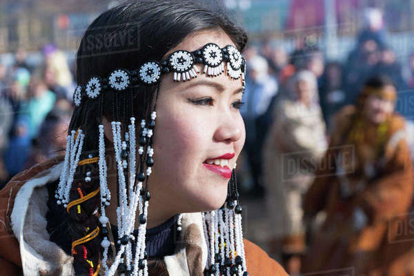 Portrait smiling young woman in traditional clothing indigenous ...