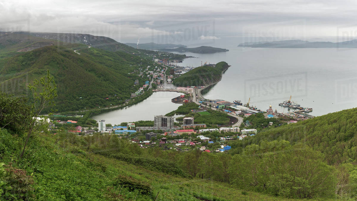 Summer cityscape of Kamchatka Peninsula: scenery top view of seaport ...