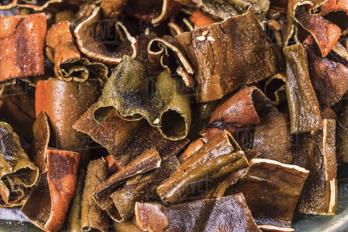 A close up of fried kelp, a common snack in Japan and Korea. - Stock ...