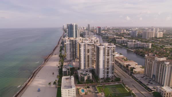 Miami, Florida circa-2019. Daytime aerial view of Miami Beach. Shot ...