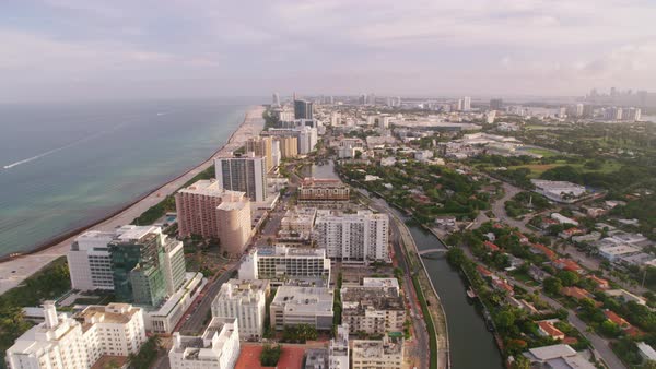 Miami, Florida circa-2019. Daytime aerial view of Miami Beach. Shot ...