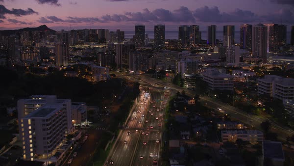 Honolulu, Oahu, Hawaii circa-2018, Aerial view of highway leading into ...