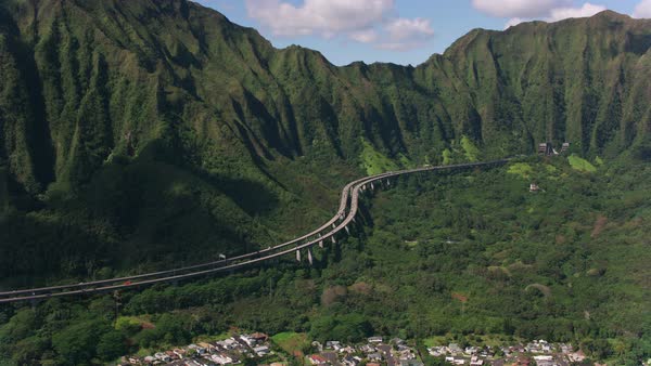 Oahu, Hawaii circa-2018. Aerial view of H3 highway winding through ...
