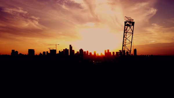 Aerial view over city skyline cityscape with high buildings in ...