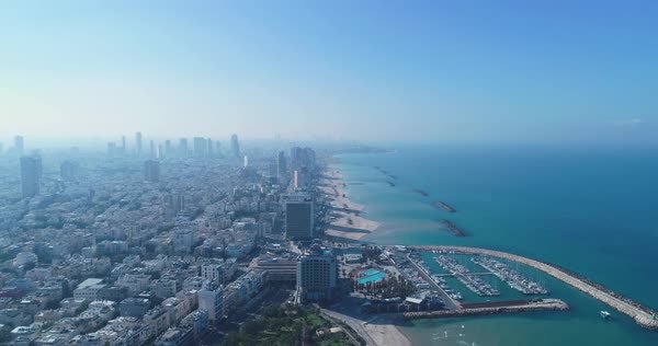Israel skyline from a drone. Panoramic Aerial view above coastline of ...