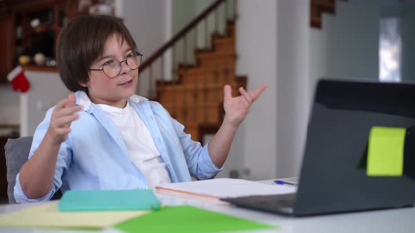 Cute smart boy sitting at home with laptop talking smiling. Caucasian ...