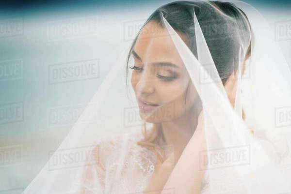 bride close-up under a veil against a background of blue sky and black ...