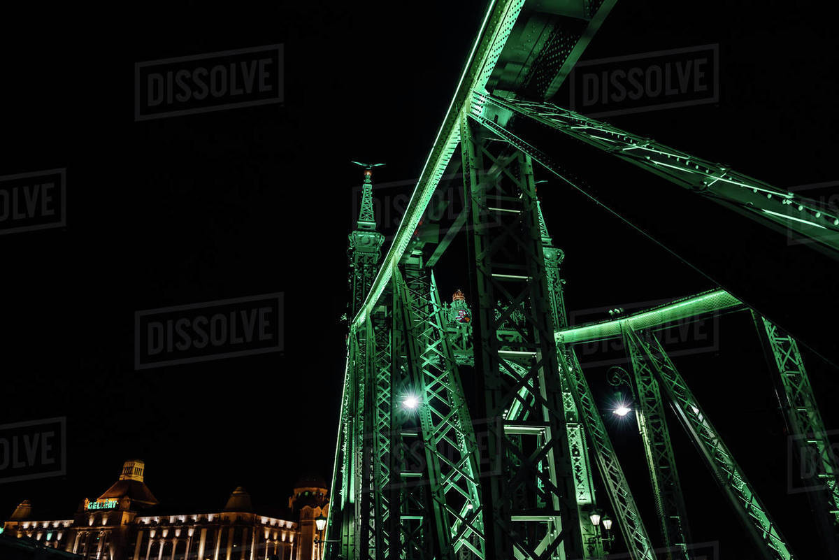 Old Iron Bridge at night in the light of streetlights across the Danube ...