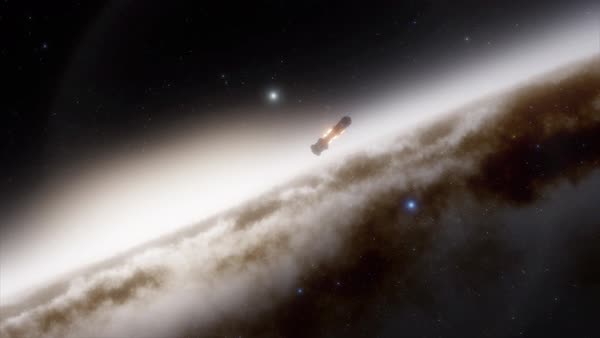 Spaceship flies through a galaxy in space. Billions of stars in the ...