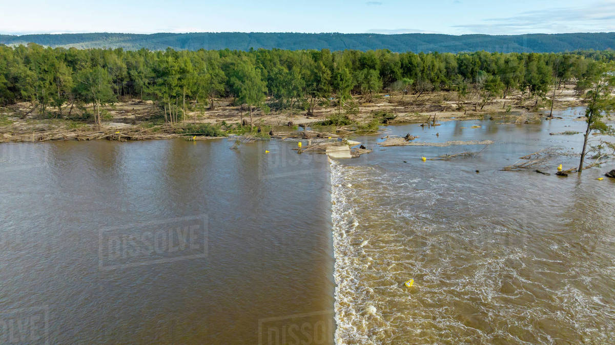 Drone aerial photograph of severe flooding of the Penrith Weir in ...