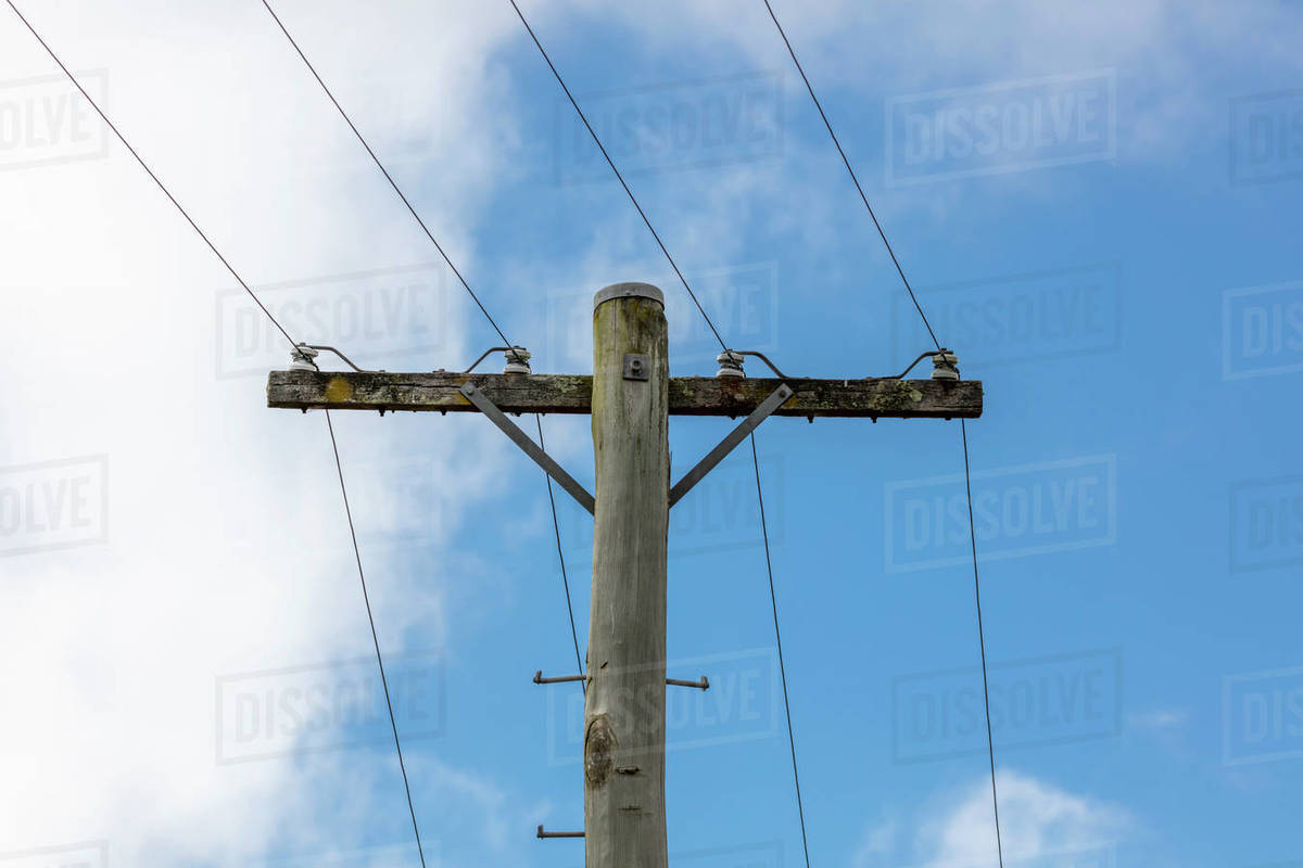 A wooden telephone pole with wires and terminal connectors in front of ...