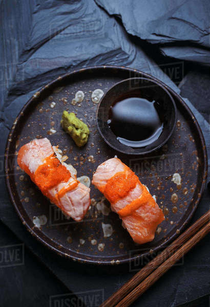 Burned salmon sushi with soy sauce and wasabi - Royalty-free Stock ...