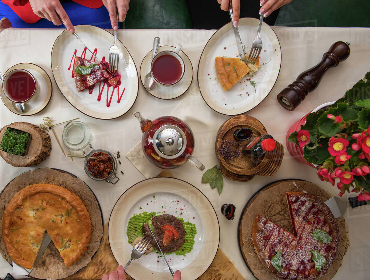 Top view on the table with different healthy food during meeting of ...